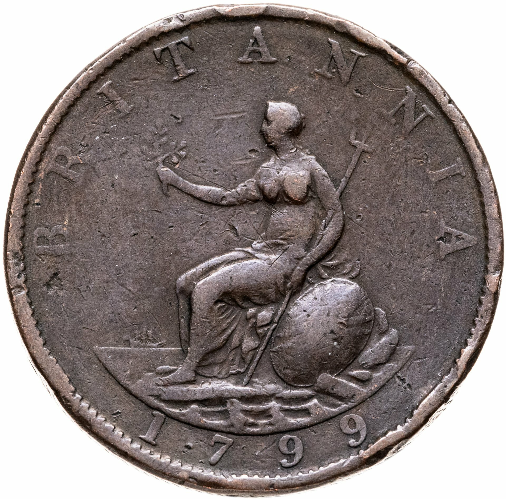 Великобритания 1/2 пенни penny 1799, Медь, в сохранности VF