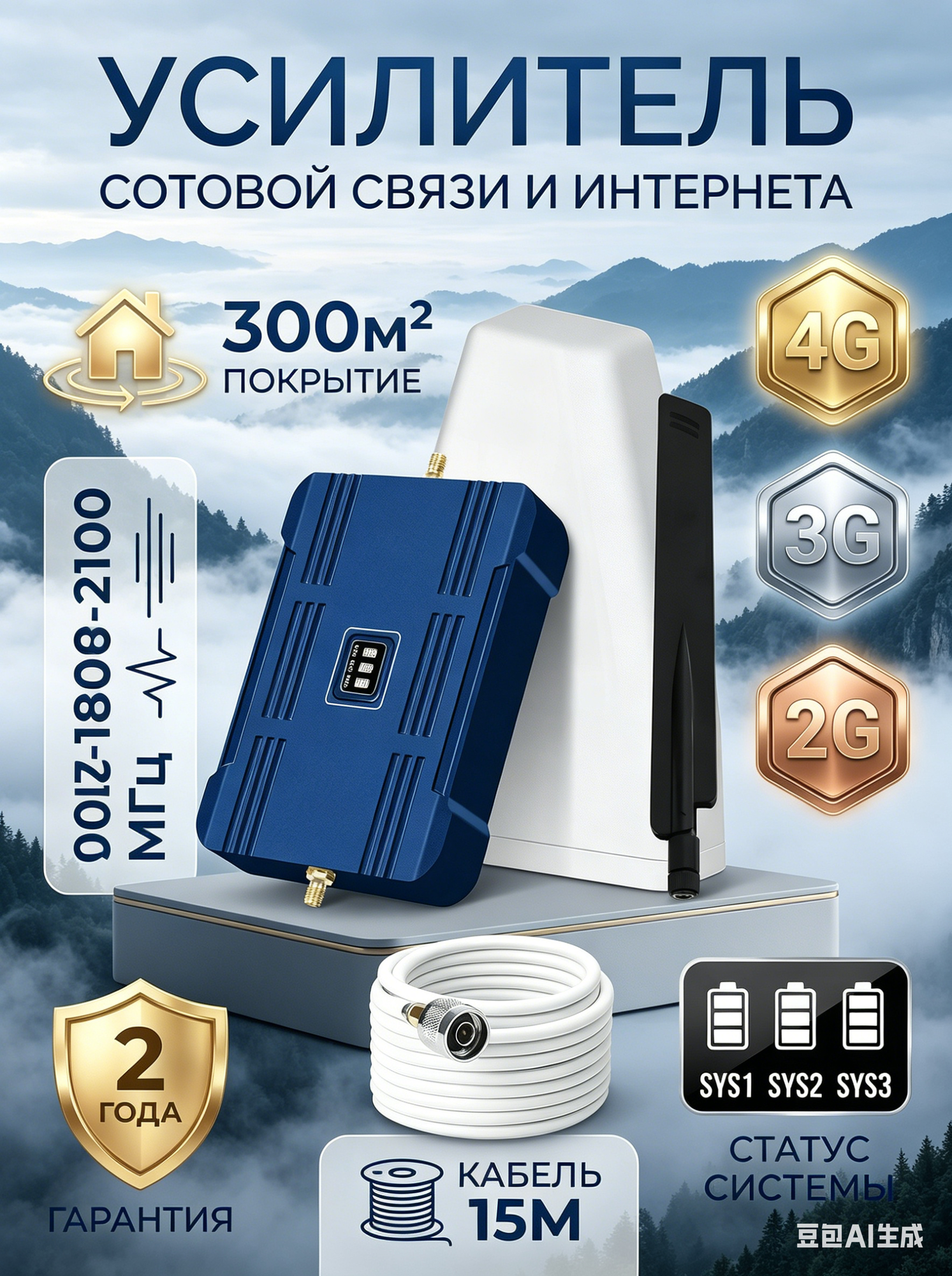 Усилитель сотовой связи 900/1800/2100 МГц (2G/3G/4G): до 70 км, направленный, синий, 1.3 кг