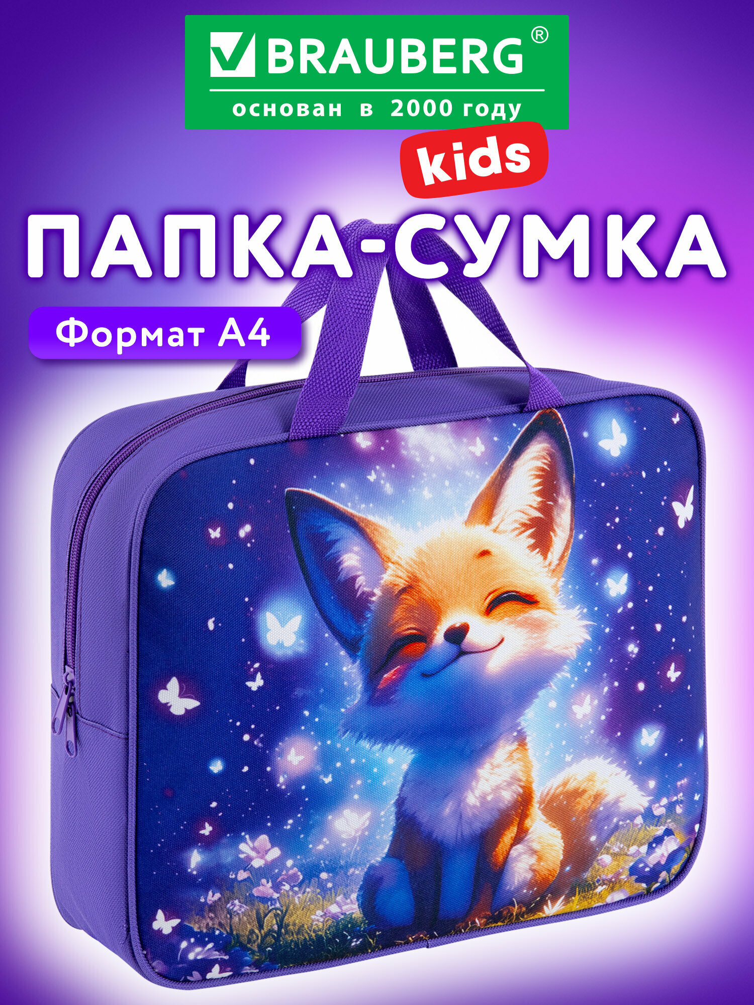 Папка сумка для тетрадей, труда, рисования и изо А4 для девочки на молнии с ручками для школы, Brauberg Kids, 274512