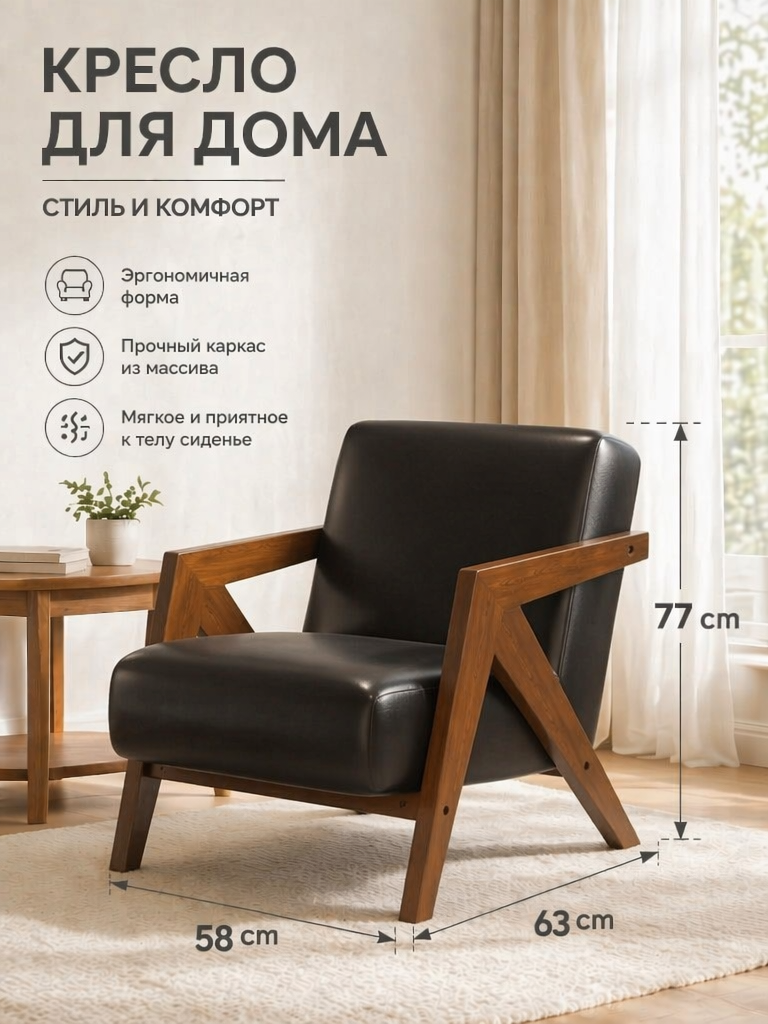Кресло Ричард с обивкой из винтажной масляной кожи, чёрное, ножки орех