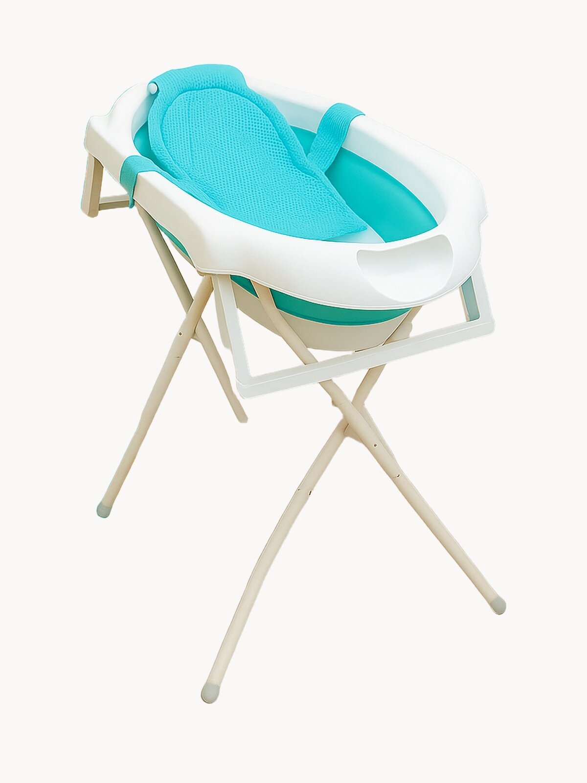 Детская ванночка для купания новорожденных и малышей голубая, складная, с подставкой, горкой (гамаком) и слив шлангом