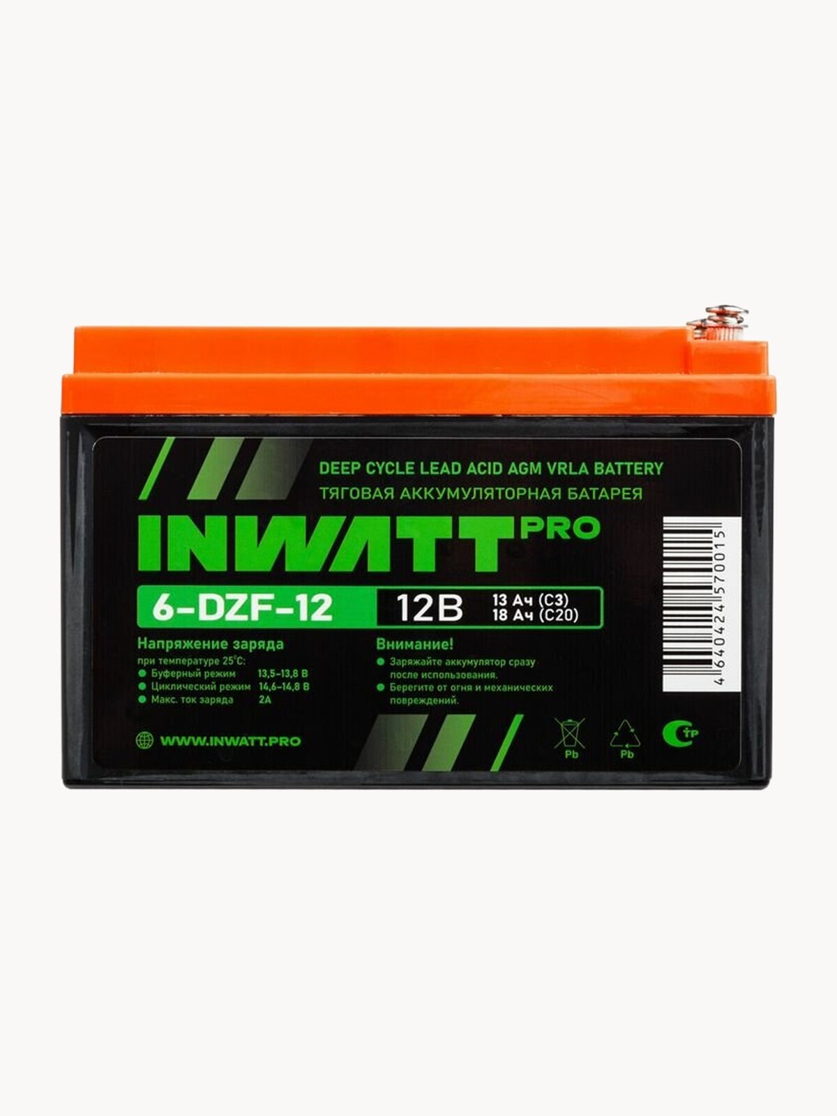 Тяговый аккумулятор INWATT 6-DZF-12 (6-DZM-12) 12В 12Ач (12V 12Аh) гелевый AGM для детского электромобиля, эхолота и электротранспорта