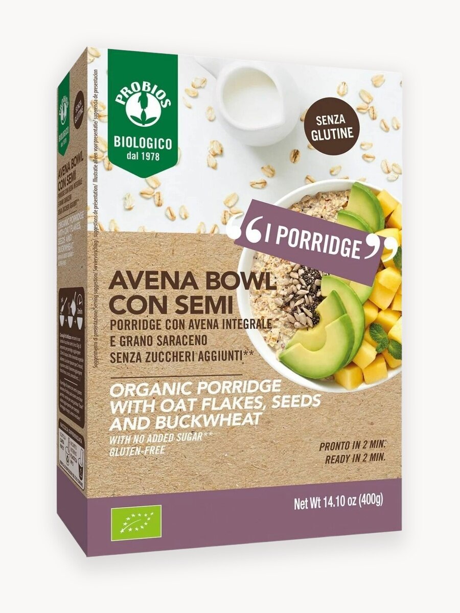 Овсяные хлопья с семенами Probios, 400 г. Каша быстрого приготовления без глютена и сахара, с чиа, льном, тыквой