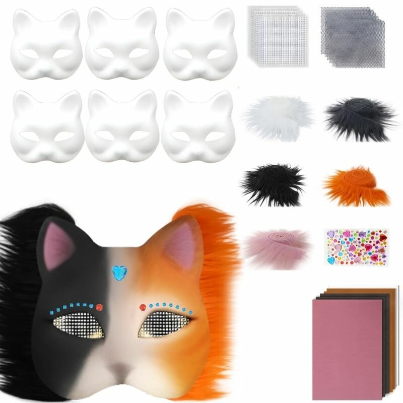 6шт Неокрашенная маскарадная маска для кошек с меховой отделкой и сетчатой наклейкой для глаз, - Набор 6
