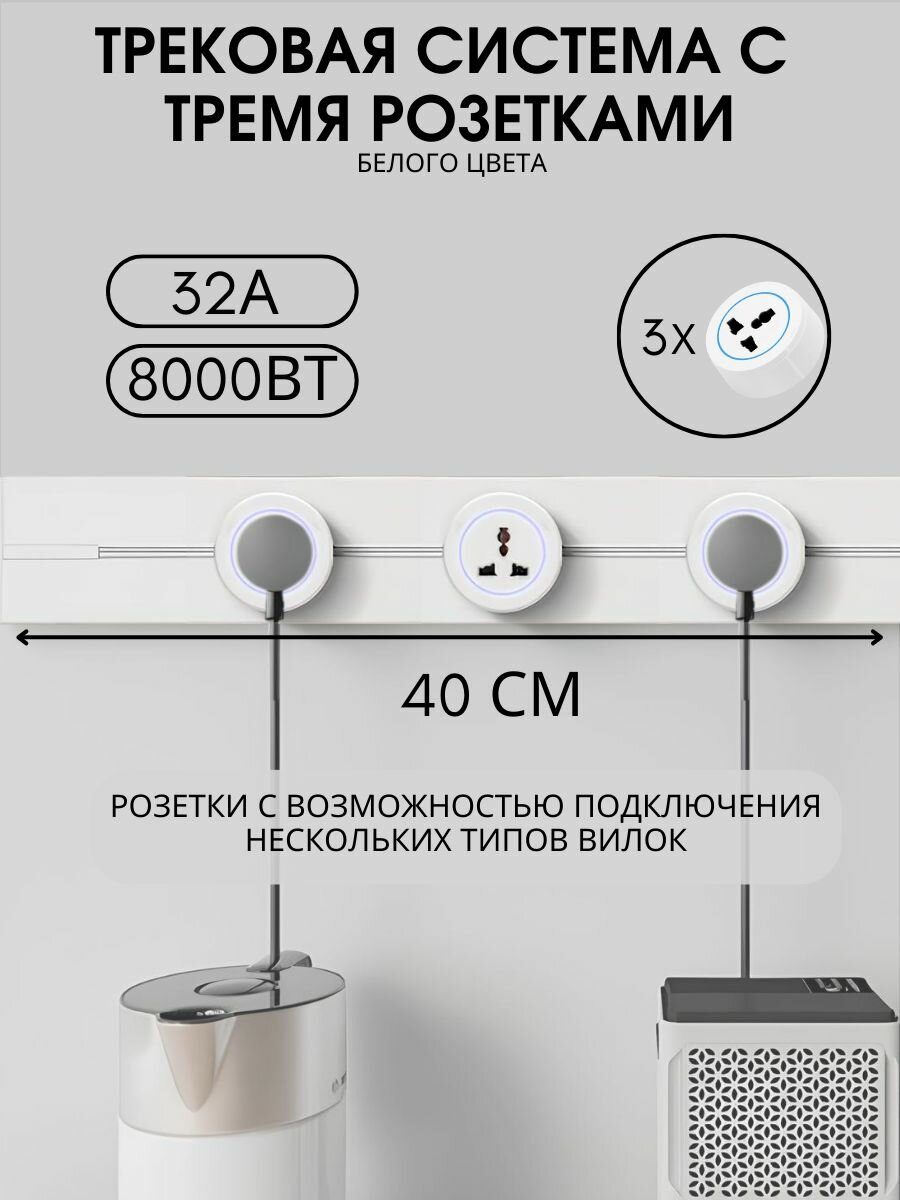 Трековая система белого цвета с универсальными розетками, металлическая шина 40 см + 3 штуки трек-розетка-переходник (. Н)