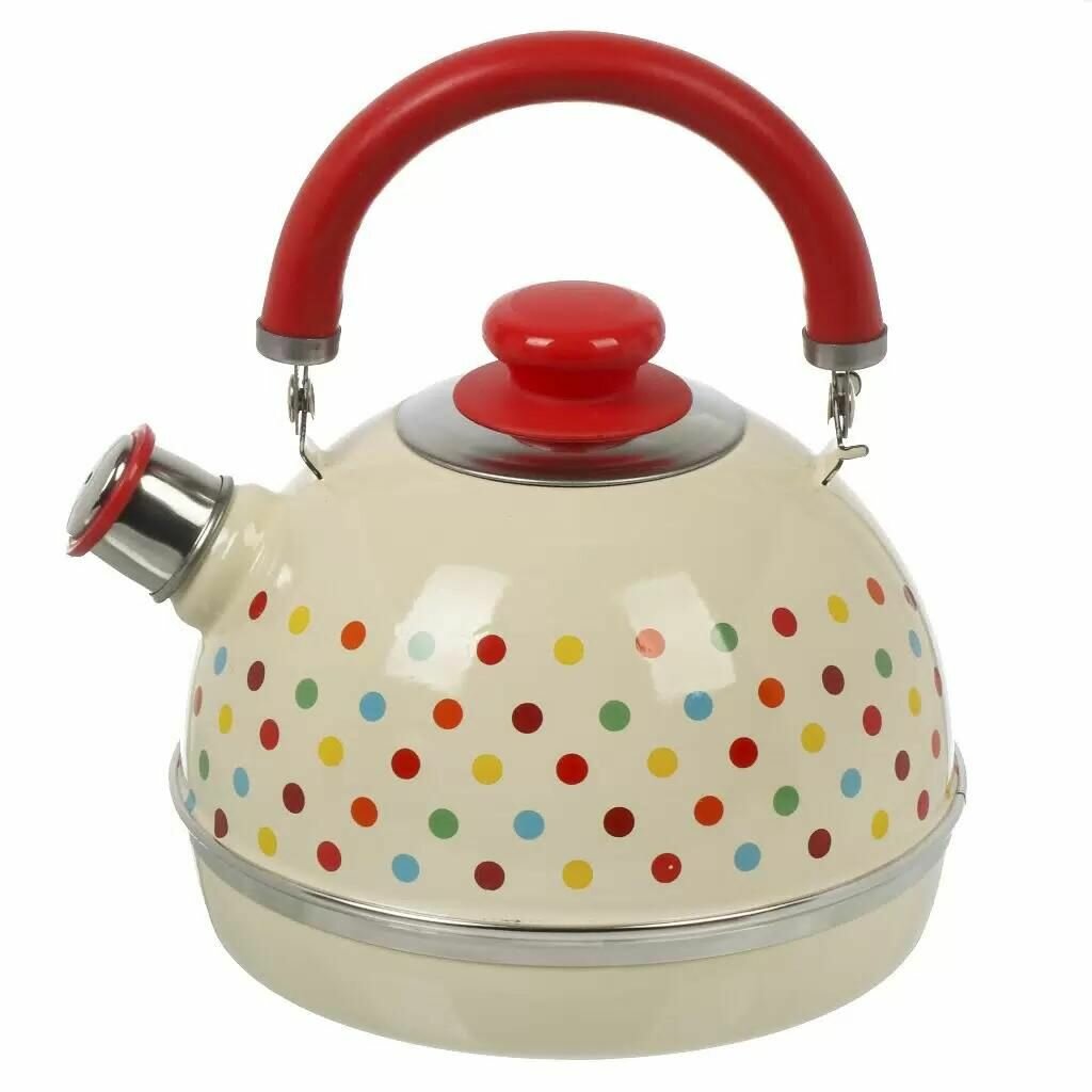 Чайник Рубин стальной эмалированный, 3,5 л, со свистком, с подвесной ручкой, Разноцветные горохи, слоновая кость