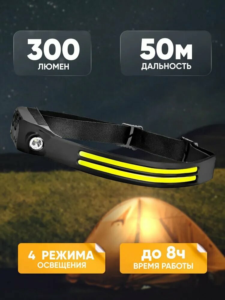 Фонарь налобный аккумуляторный мощный Огонь Н-156 с зарядкой от USB / Туристический аксессуар светодиодный, 8 часов и 4 режима работы / Фонарик на лоб с влагозащитой на охоту рыбалку в поход