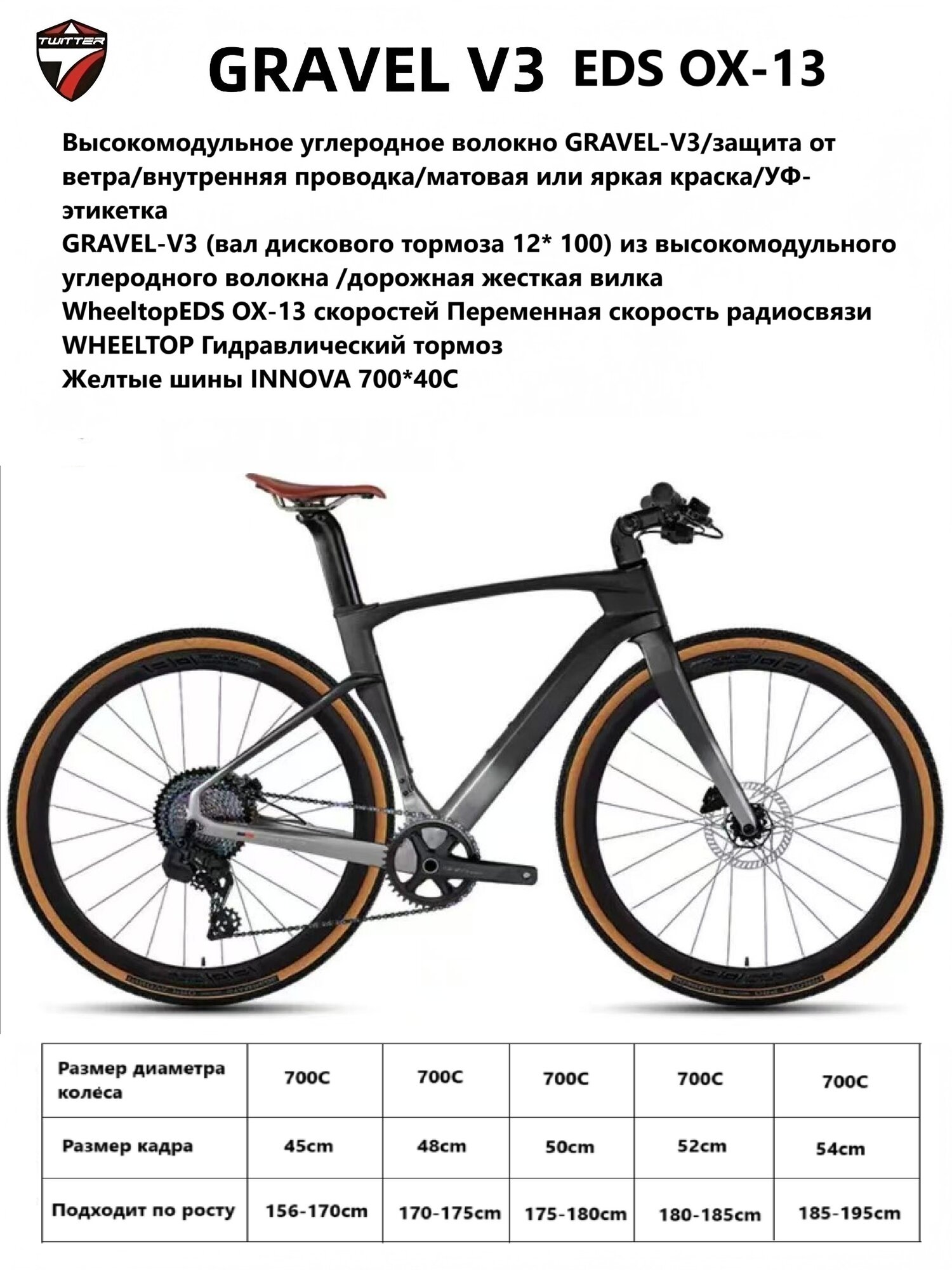 Велосипед Twitter Gravel-V3, карбоновая рама, гравийный, 29", 13 скоростей, откидывающийся на 90° подъемный руль