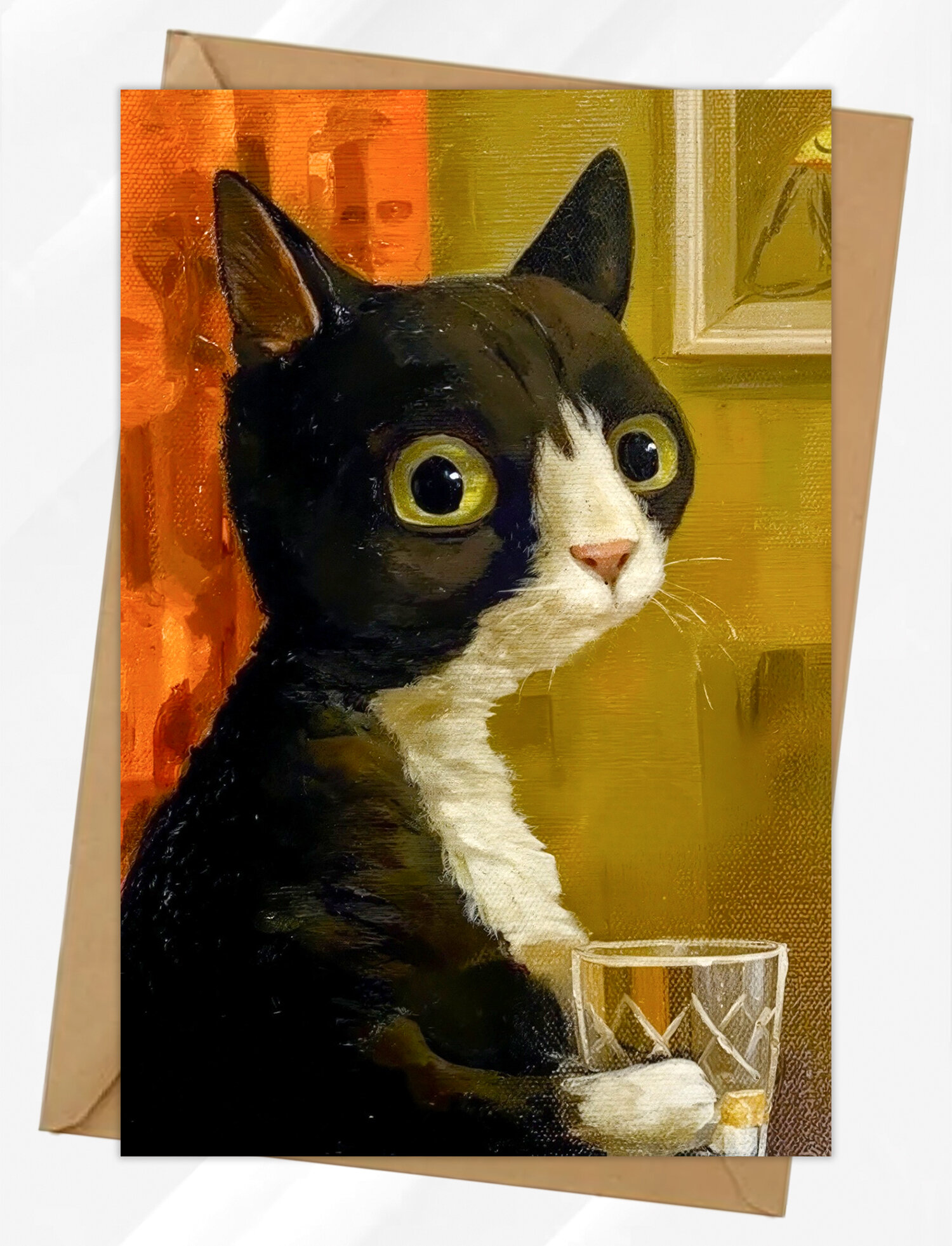 Открытка "Котик со стаканом" (подходит под рамку 10х15см, плотная бумага, подставка)
