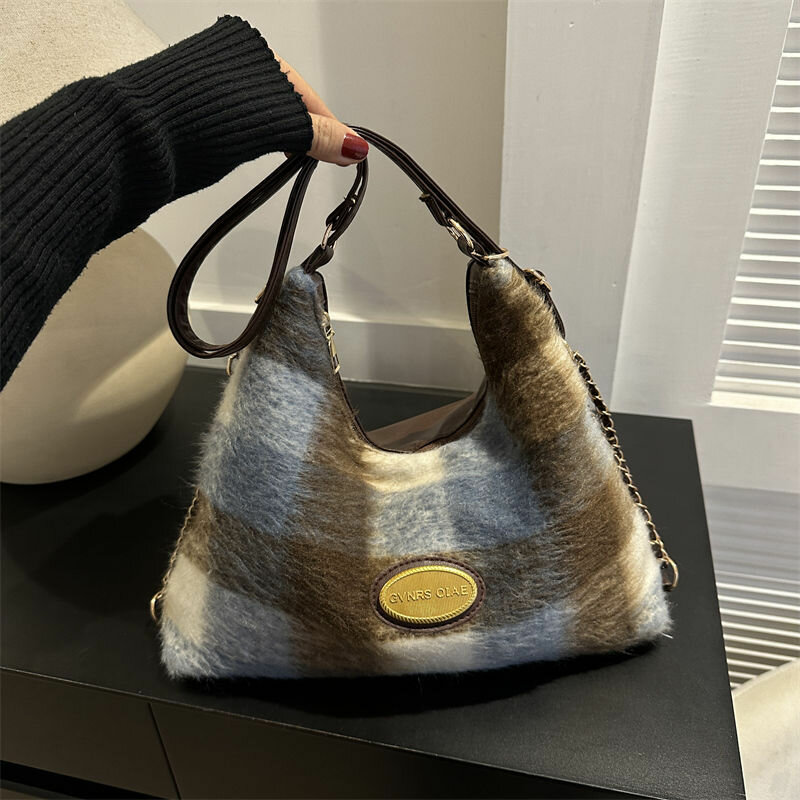 Сумка Maillard, полиэстер, шерстяная ткань, клетчатый дизайн, большая, осенне-зимняя, синяя