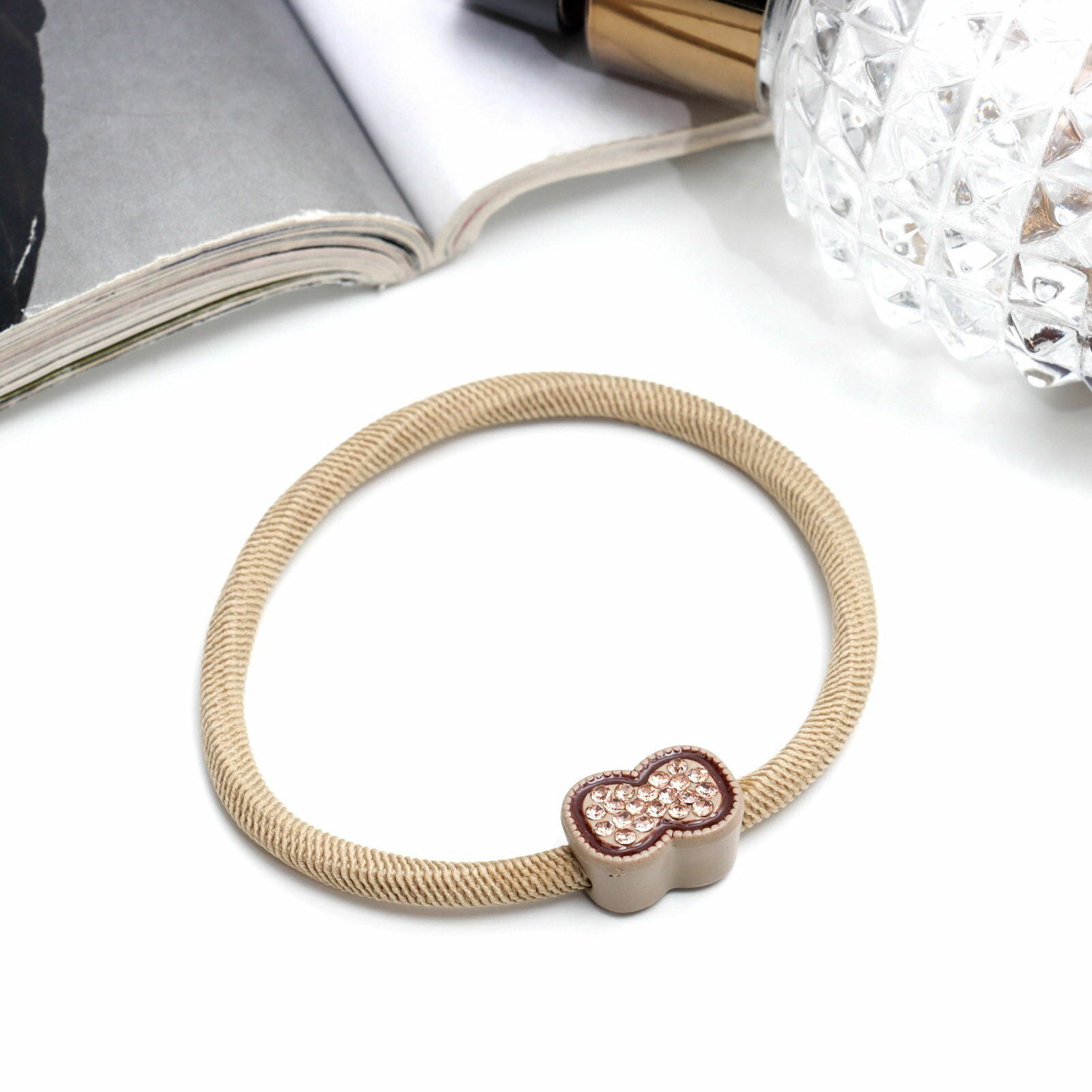 Резинка для волос "Алеста блеск", бант, 5 см, бежевый, вид резинки: декорированная, 12 шт.