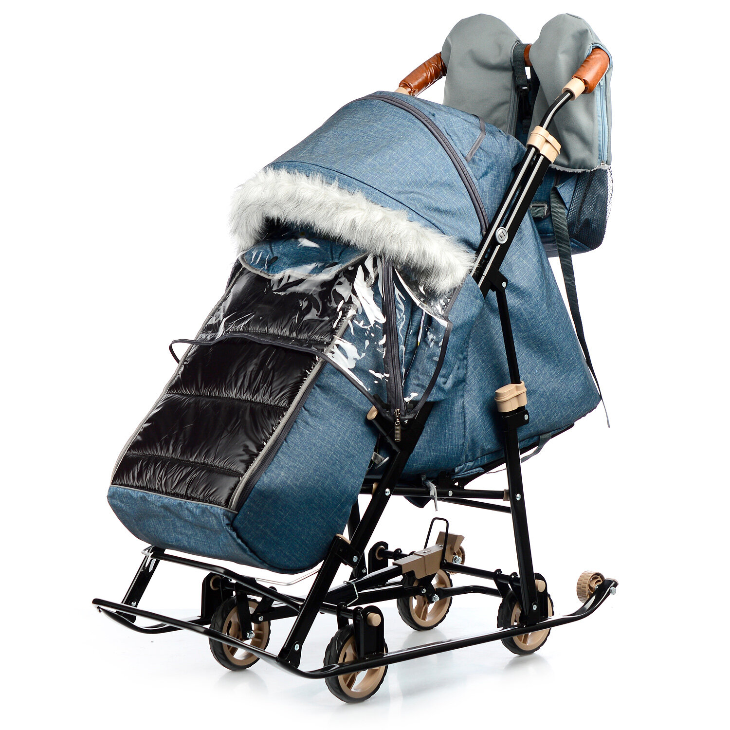 Санки-коляска Glory Gloss (серо-зеленый) 2 в 1 с колесами, утепленный чехол, ветрозащита