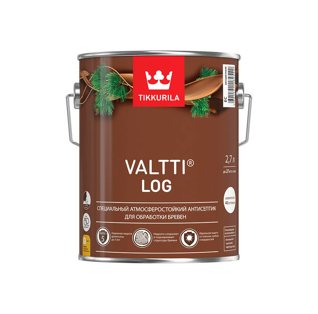 Антисептик Tikkurila Valtti Log EC, для дерева, огнебиозащитный, прозрачный, 2.7 л