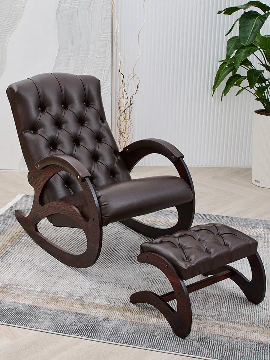 Кресло-качалка кожаное Империал с банкеткой каретная стяжка