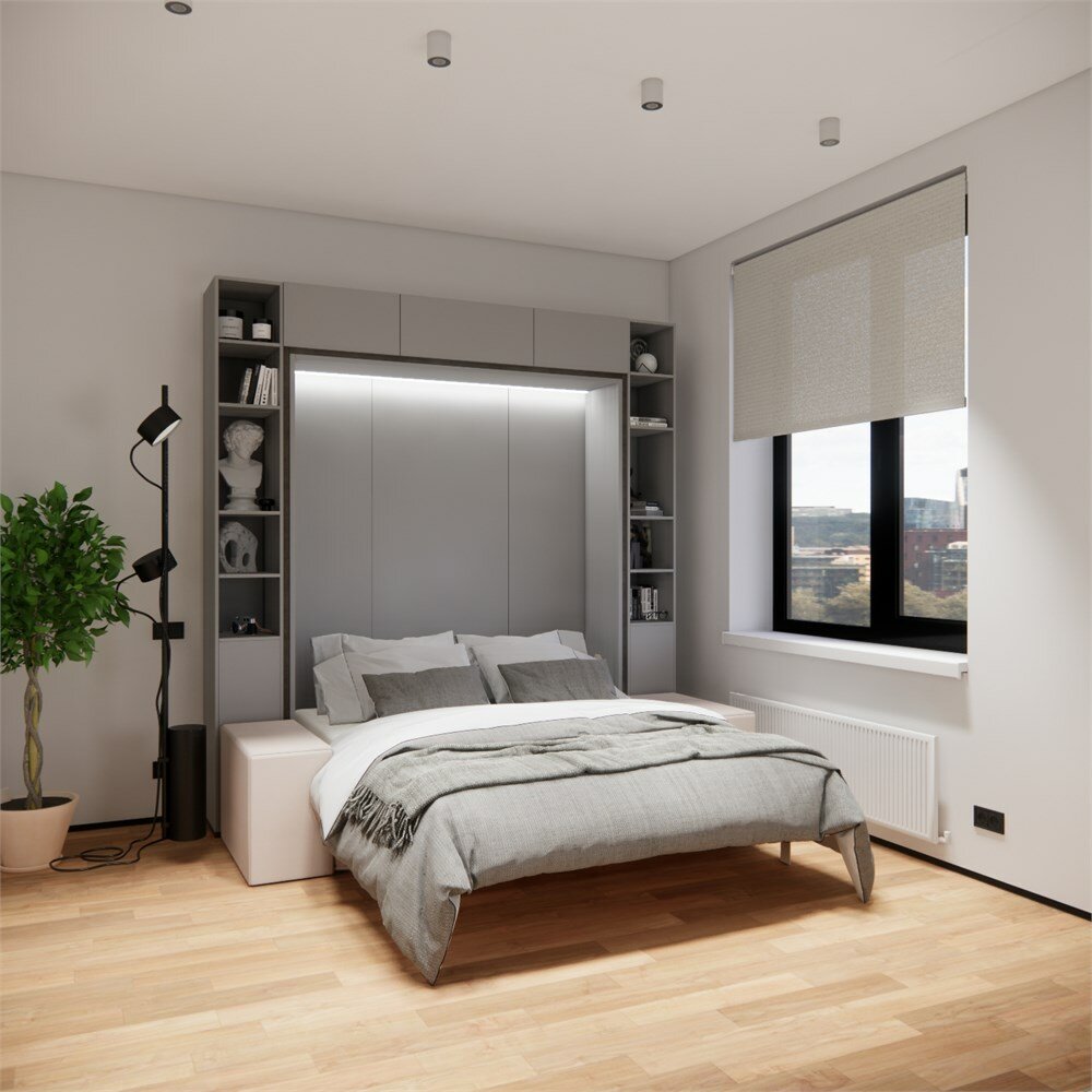 Кровать-трансформер, матрас, диван, стеллажи, антресоли, подсветка: сом-модуль MAXIMUM светло-серый