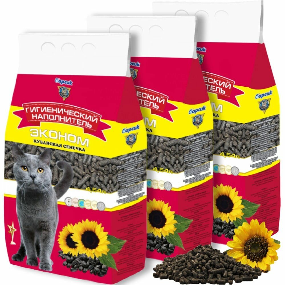 Наполнитель для кошачьего туалета Барсик Эконом кубанская семечка 4,54л - 3 упаковки