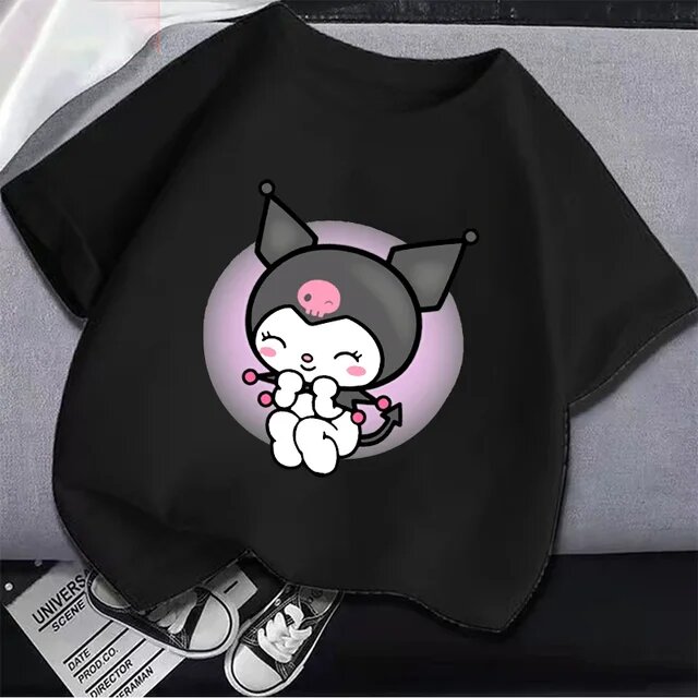 Новая детская футболка Kuromi, симпатичная футболка Sanrio из чистого хлопка, черно-белая, с короткими рукавами, свободная одежда для мальчиков и девочек, рождественский подарок, Size:160