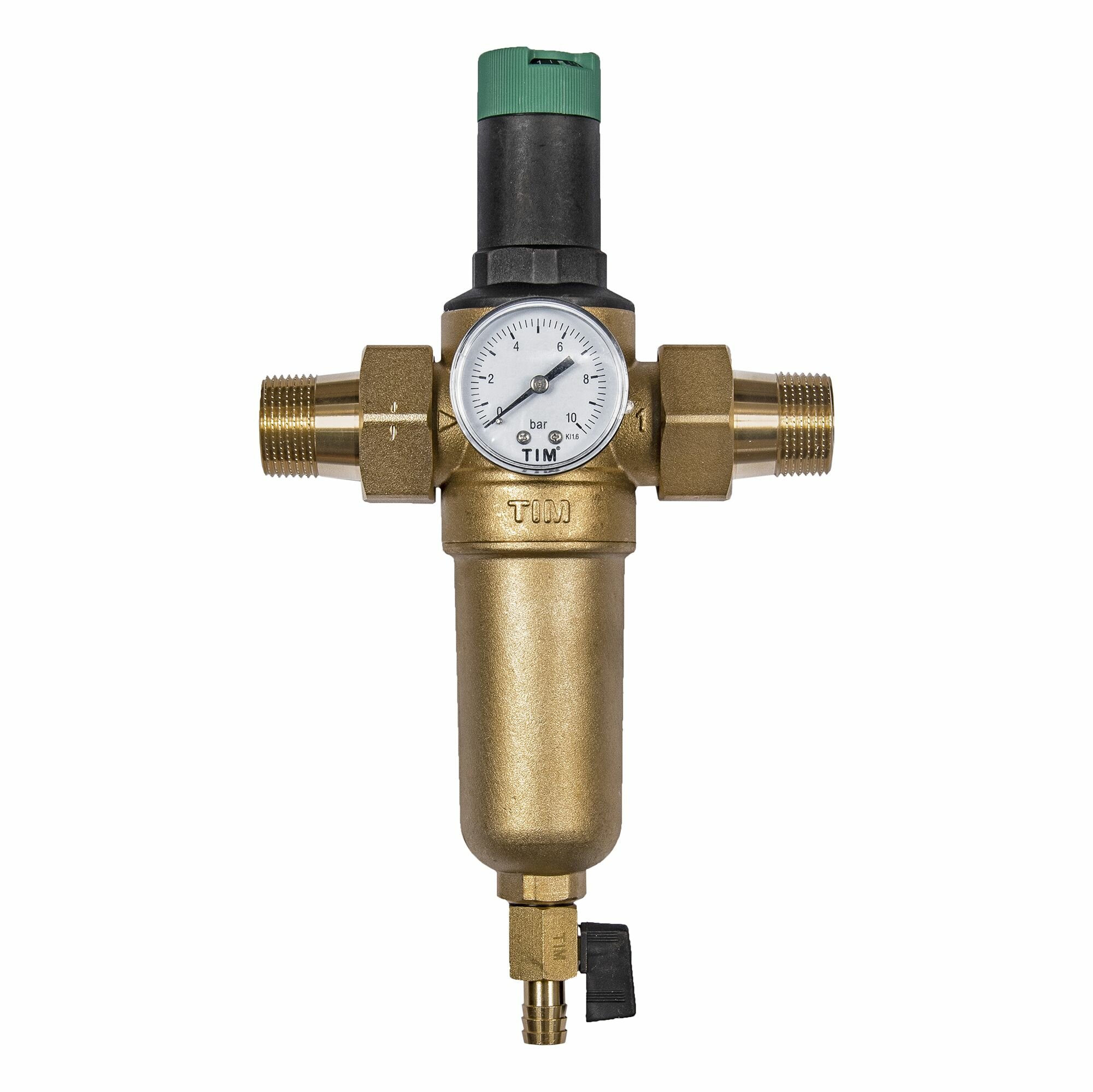 Фильтр с редуктором давления 1" самоочищающийся с манометром, американками и дренажем, латунная колба, TIM, JH-3007