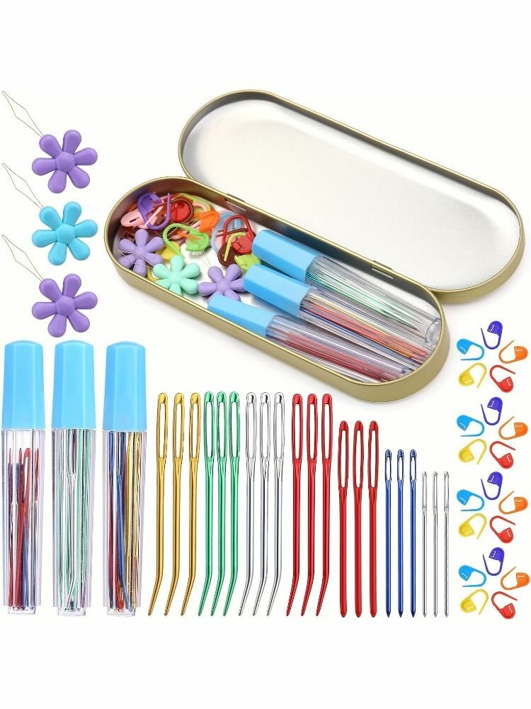Игла для плетения с большим ушком 3 размера, Изогнутые иглы с 20 маркерами стежков, Нитевдеватель для вязания крючком