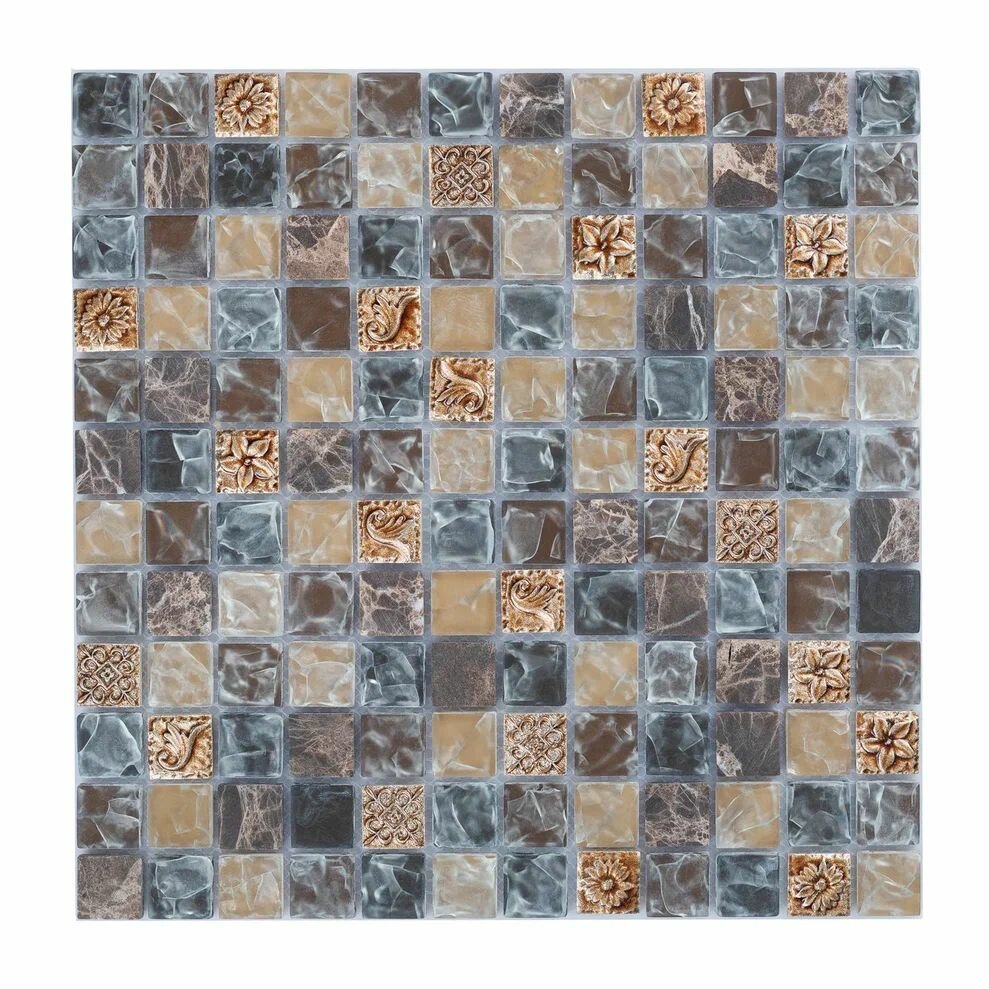 Плитка мозаика КерамограД стеклянная с камнем на сетке для ванной и душевой, влагостойкая износостойкая, 30х30см / 1 сетка