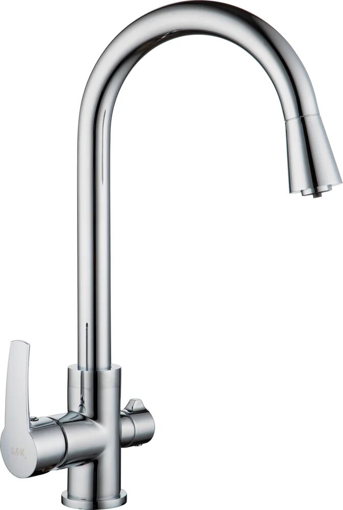 Смеситель для кухни D&K Rhein Valerius DA1361601 с краном для питьевой воды, с поворотным изливом, хром, глянцевый, однорычажный, латунный, с керамическим картриджем
