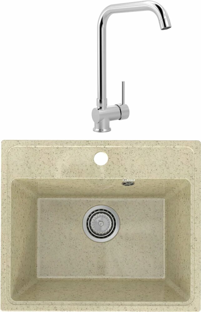 Комплект Мойка Practik PR-M 490-002, слоновая кость / Смеситель MEGA Didim MG-CM107, хром