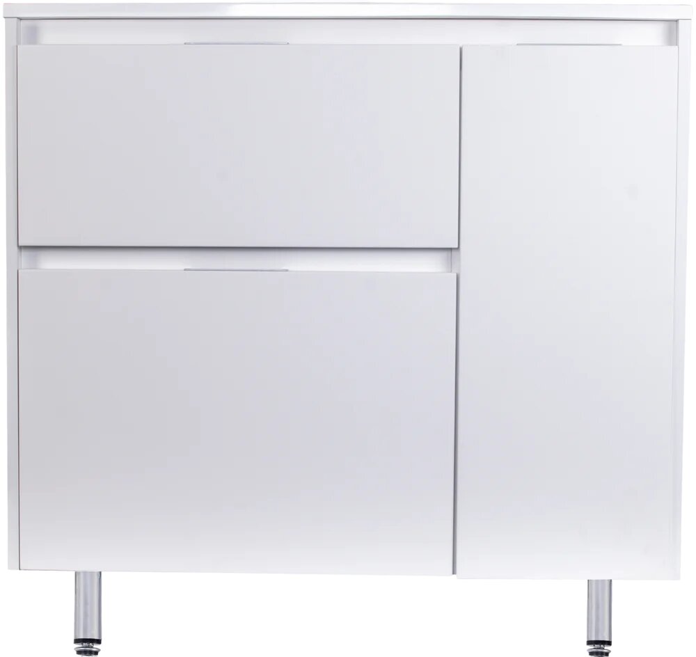 Тумба под раковину без столешницы Style Line Барселона 90 напольная, с ножками, белая, матовая, из МДФ, тумба для ванной, с ящиками, с бельевой корзиной, с доводчиками