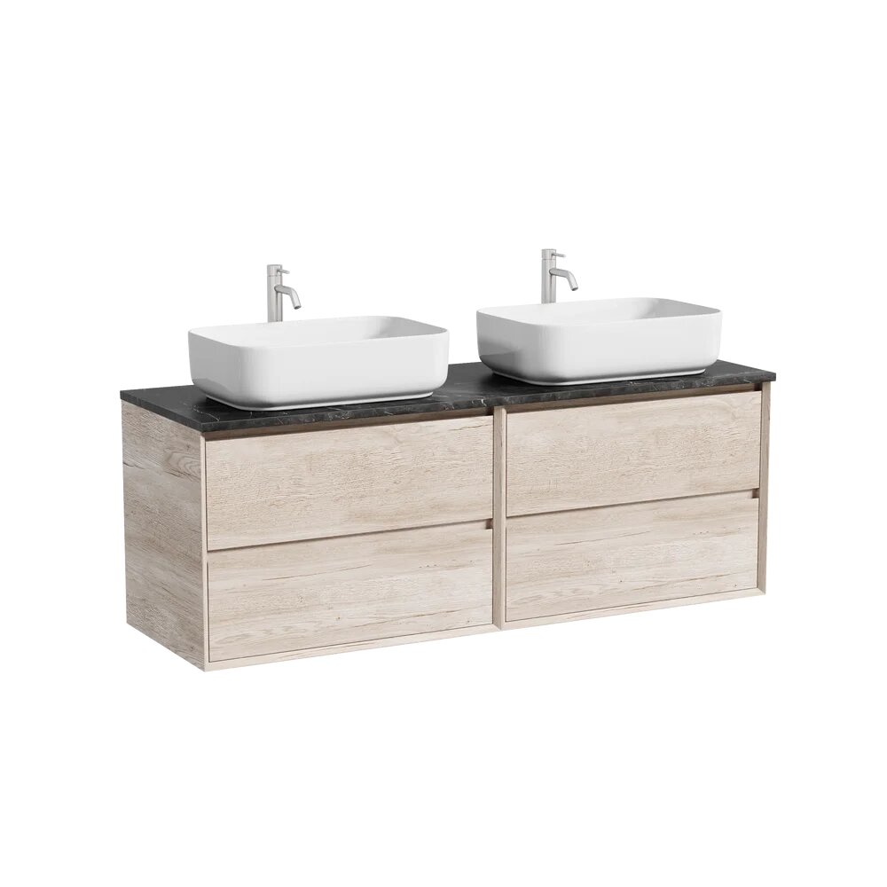 Тумба с раковиной Sancos Marmi 2.0 140 подвесная, 139 см, двойная, со столешницей, светлое дерево, из ЛДСП, с ящиками, раковина для ванной, фарфоровая, прямоугольная