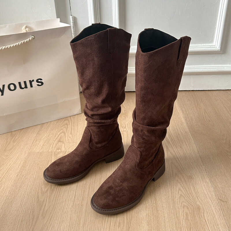 Коричневые короткие сапоги на толстом каблуке, женские, новые весенне-осенние сапоги 2025 года, ковбойские сапоги в стиле вестерн, сычуаньские, тибетские, высокие сапоги Martin