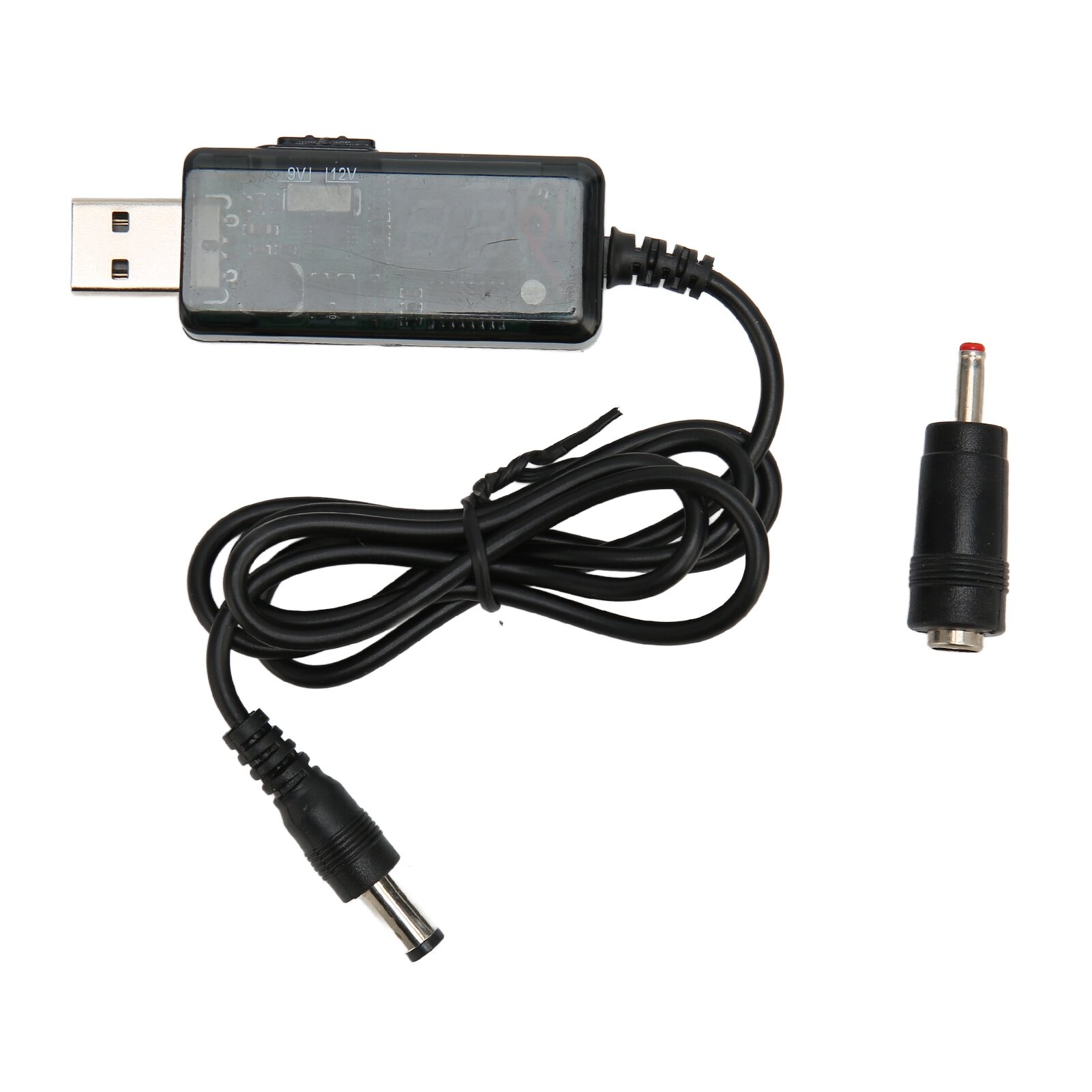 USB-кабельдляповышениянапряженияс5Вдо9В(12В), регулируемыйпортативный, сразъемом3,5x1,35мм, длявентилятора, настольнойлампы.