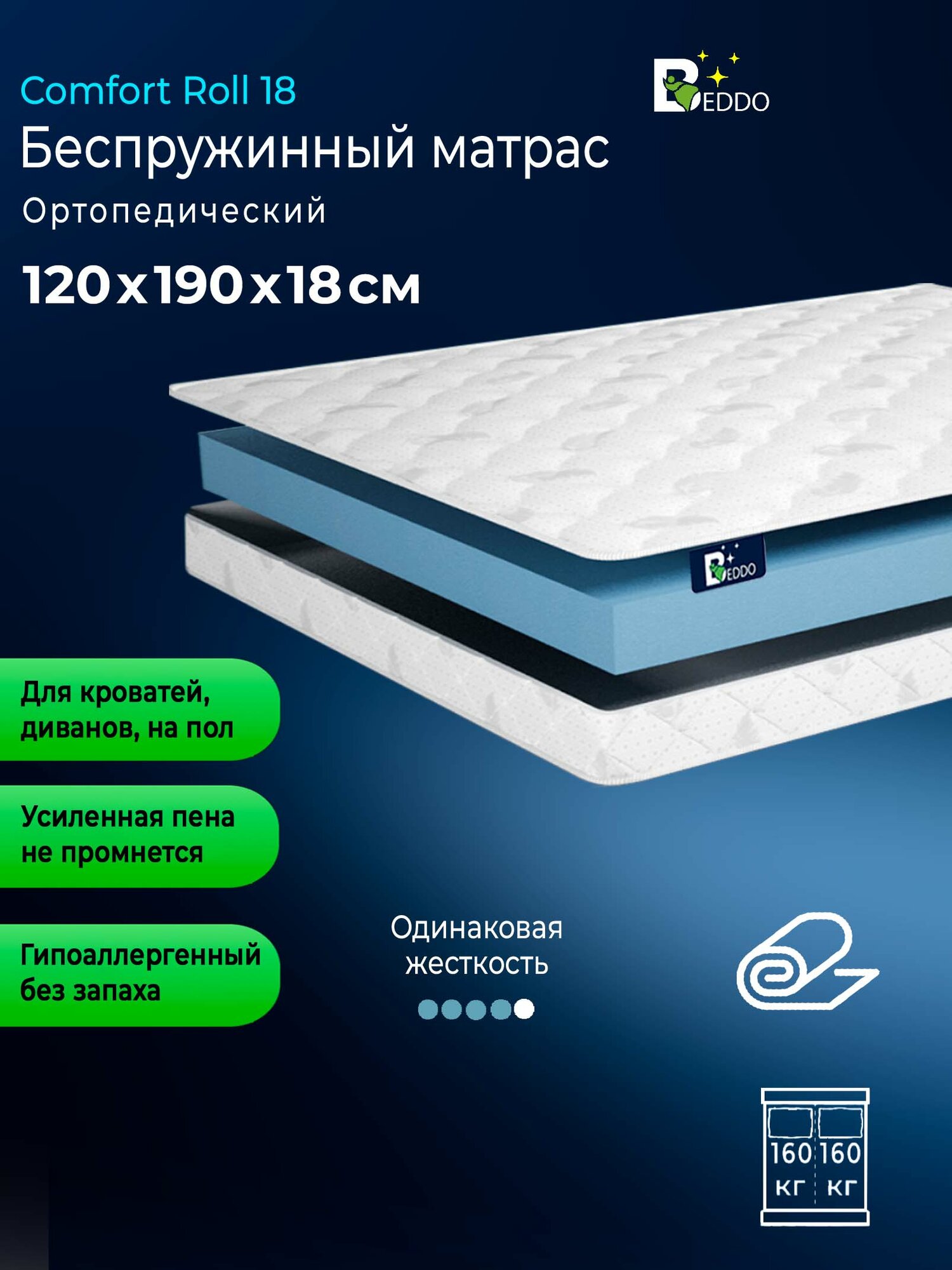 BEDDO SLEEP Матрас, Беспружинный, 120х190 см