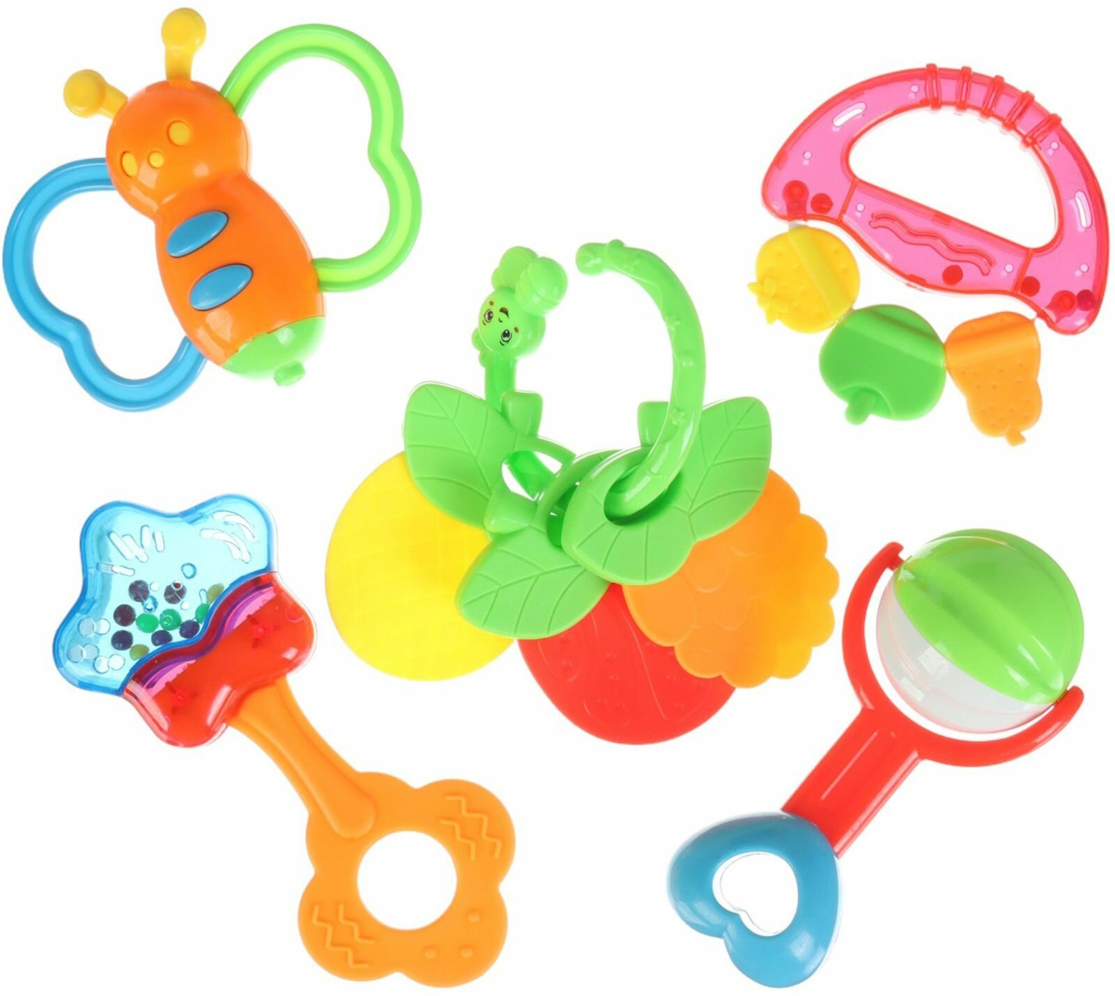 Набор погремушек с прорезывателем "Звонкая радость", первая игрушка для малышей, силиконовая игрушка-погремушка, детская шумелка, развиваем моторику, зрение и слух, от 3 месяцев, 5 шт, цвета микс
