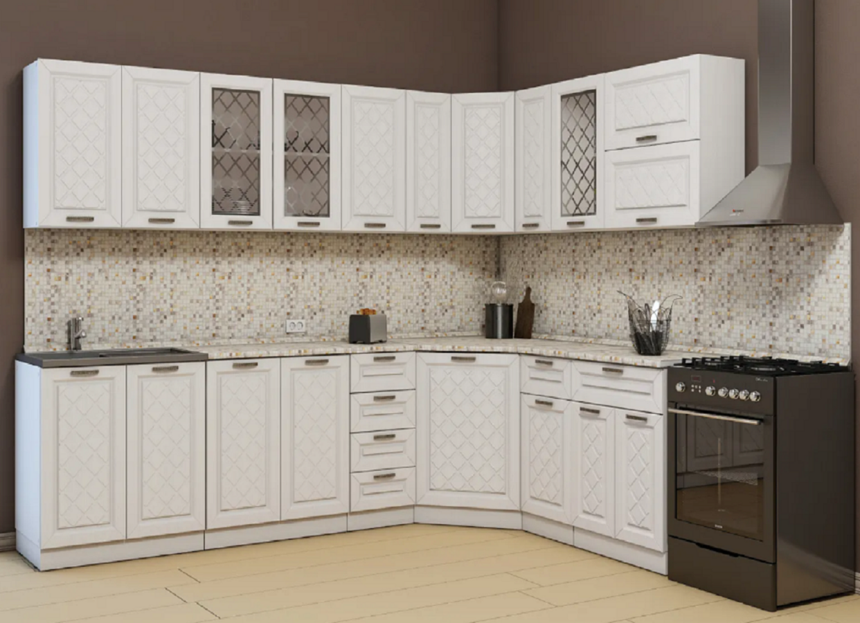 Кухонный гарнитур, кухня угловая 2,85 X 1,85 метра Агава Акация Белая