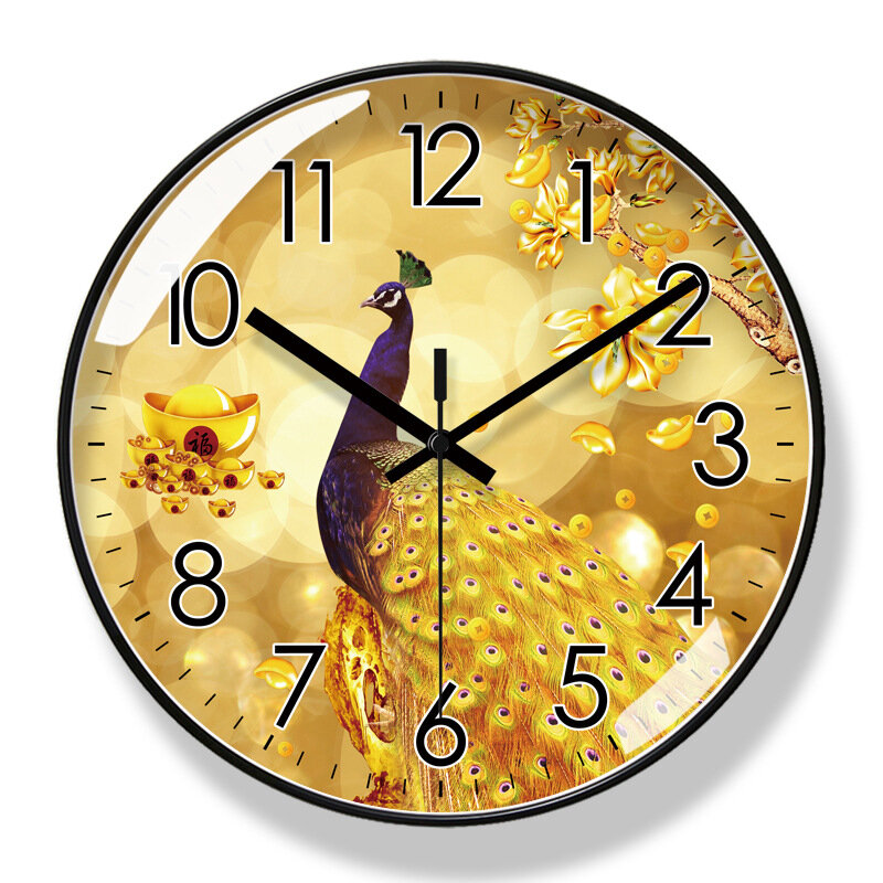 Настенные часы с павлином | Бесшумные кварцевые часы без тиканья | Новый китайский стиль с золотым павлином и символом удачи | Часы с циферблатом из ПВХ 12 дюймов для гостиной или офиса
