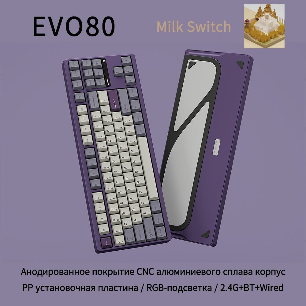 EVOWORKS TickType EVO 80 Milk Silent Switch игровая механическая клавиатура для компьютера / ноутбука с подсветкой, беспроводная и проводная