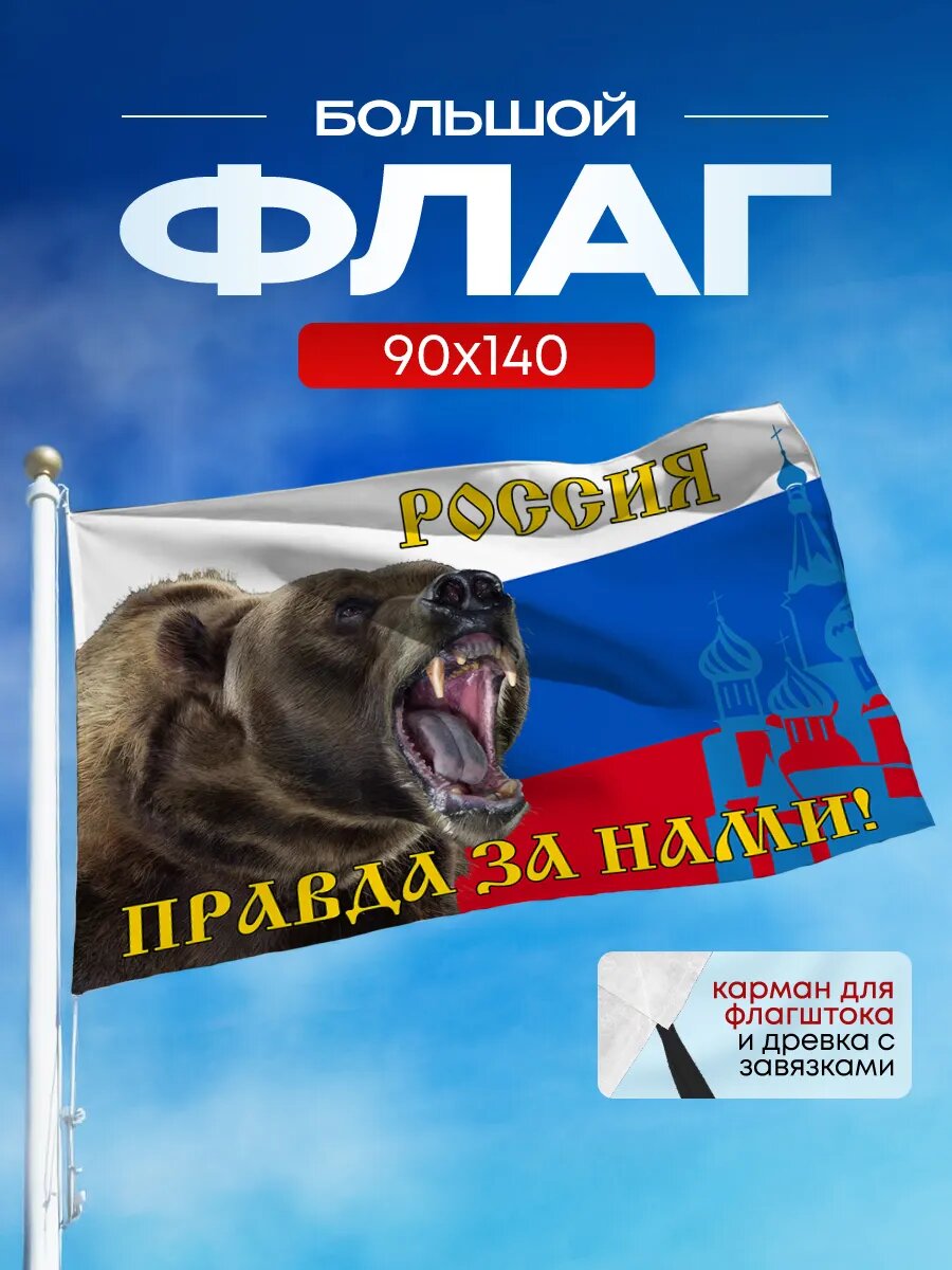 Флаг большой 90х140 на стену и флагшток с завязками и принтом России РФ