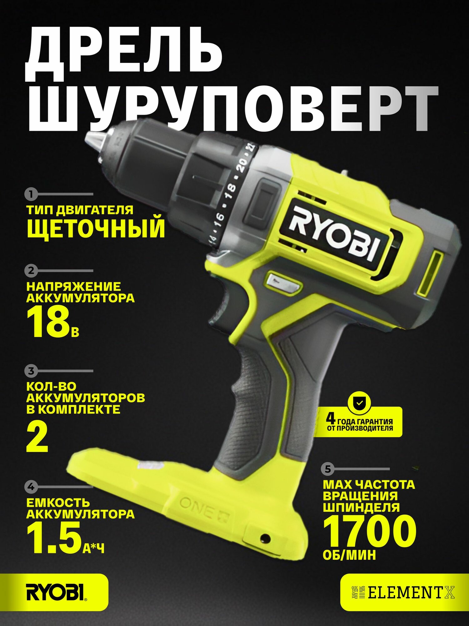 Дрель-шуруповерт Ryobi 18В RDD18-2C415S 5133005612