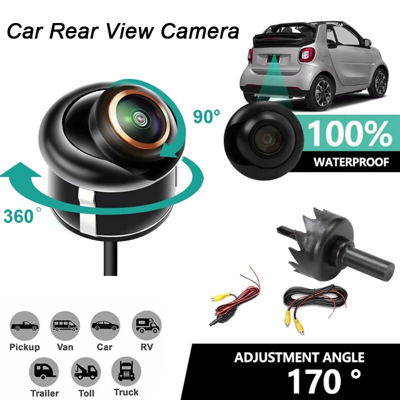 Регулируемая на 360° автомобильная камера заднего вида AHD 1080P с объективом «рыбий глаз», задняя камера автомобиля, мини-боковая/передняя/задняя камера ночного видения, обратный ход, 12 В, 1080P Black