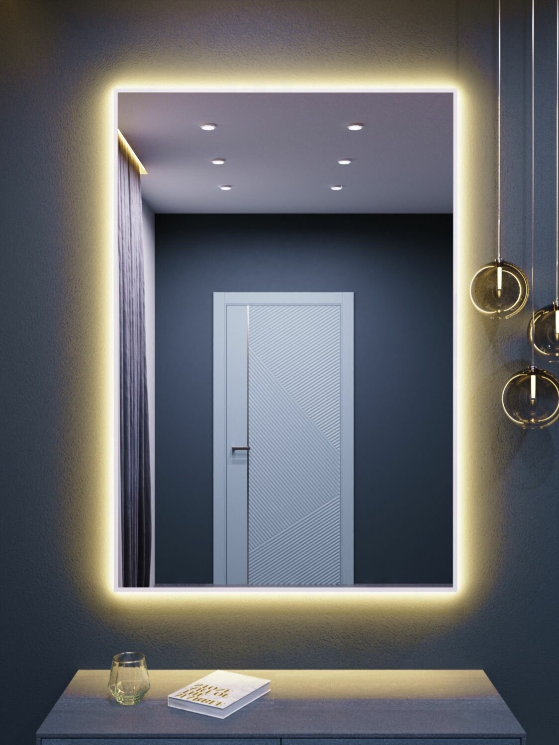 Зеркало в ванную 120х90 см. белое с подсветкой. Свет: Теплый белый 3000К В алюминиевой раме настенное MOONRISE