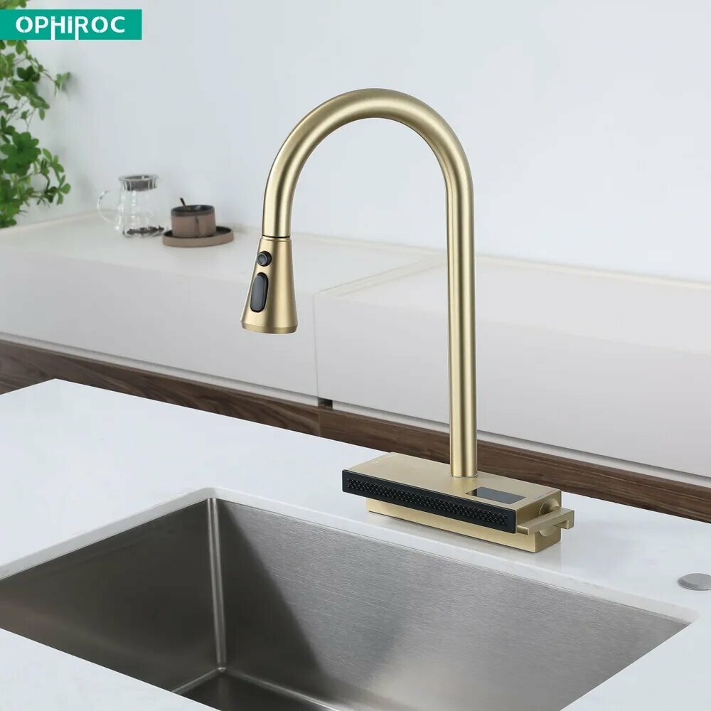 Смеситель для кухни OPHIROC, Кухонный смеситель с водопадом, Индикатор температуры,59A латунь,803-J, сатин золотой