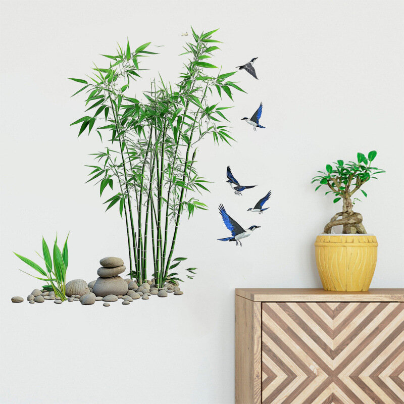 Наклейки на стену с изображением бамбука и сороки, мирные обои с птицами и растениями, настенные наклейки с природой для гостиной, спальни, прихожей, окна, домашний декор, съемные самоклеящиеся фотообои из ПВХ 60x90 см