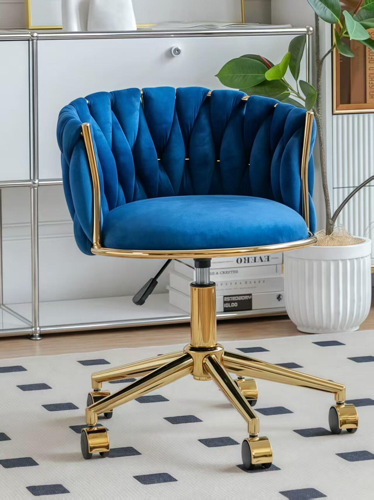 Кресло, офисное, для макияжа, американское, металл, флок, голубое