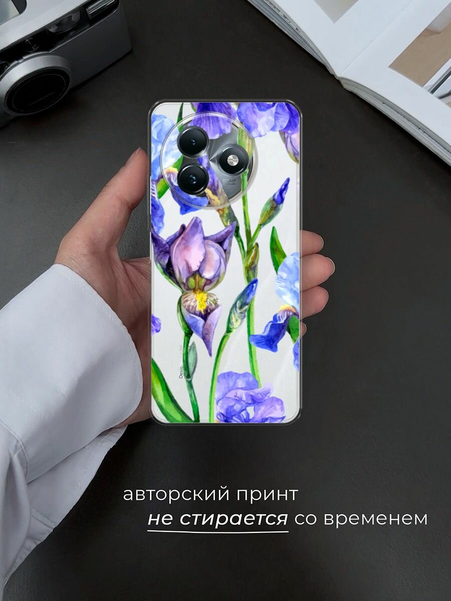 Чехол на Itel S24 / Ител S24 с принтом "Синие ирисы", прозрачный — фото 1