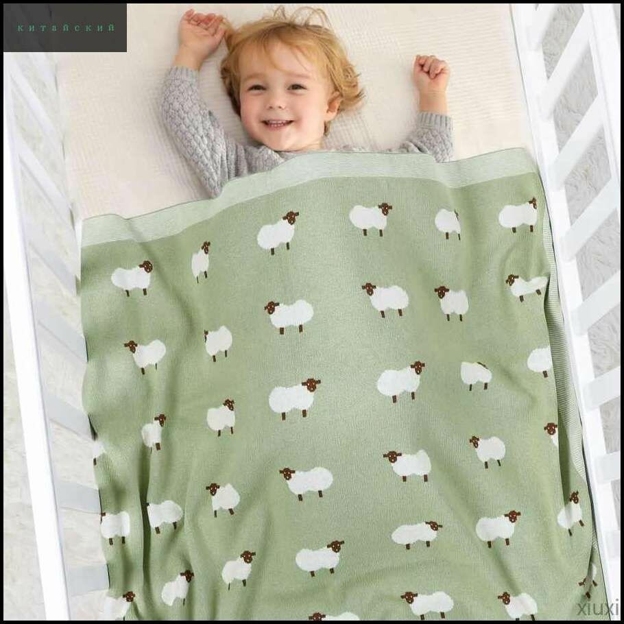 Детский вязаный плед для новорожденных LuckyLu 100х80 зеленый овечка 100% хлопок-xiuxi1