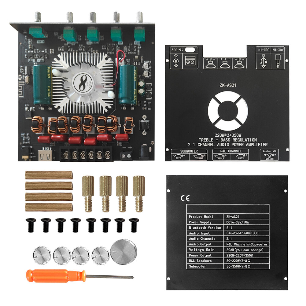 ZK-AS21 Компактный 2.1-канальный цифровой усилитель мощности TPA3255 BT, плата модуля усилителя мощности сабвуфера с высокими и низкими тонами 220 Вт*2+350 Вт