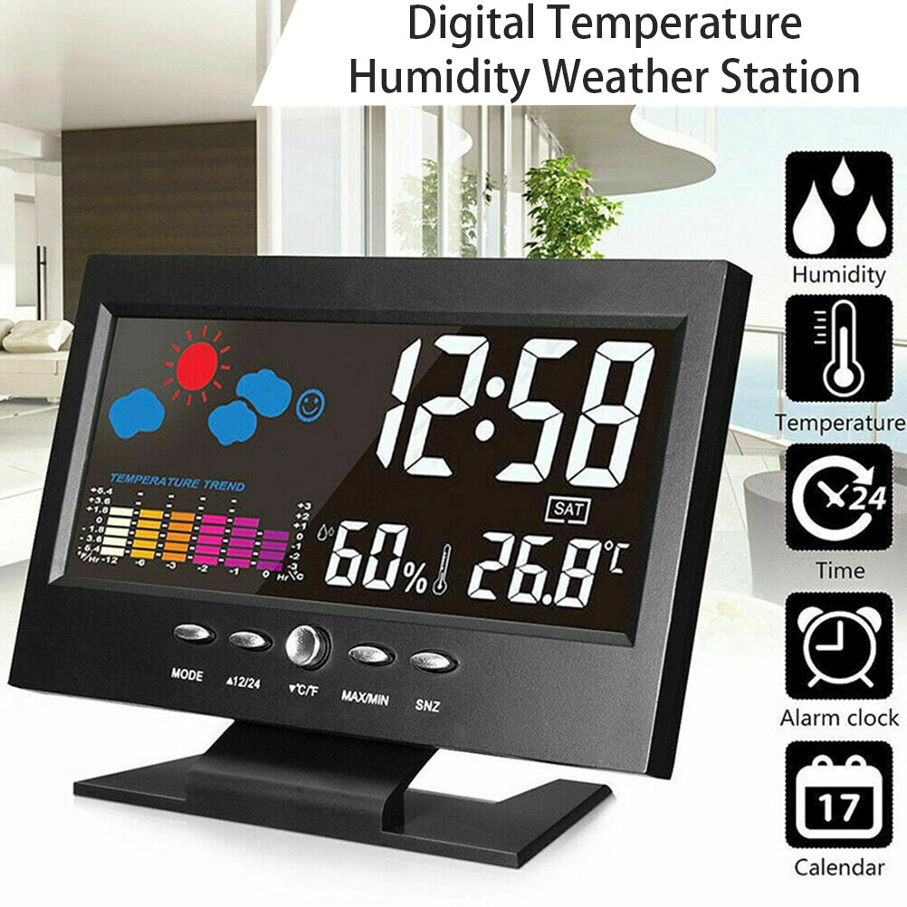 Intelligent Digital Display Weather Clock Wireless Temperature Humidity Meter with Calendar Large Screen Alarm