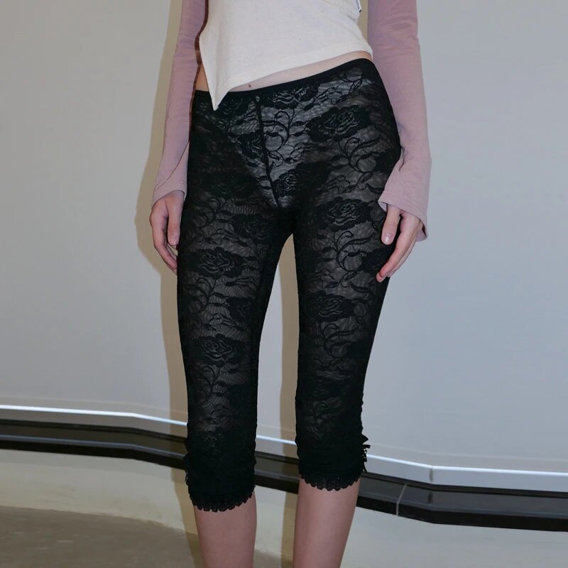 Женские кружевные леггинсы-капри Кокетка со средней посадкой и цветочным принтом, прозрачные сетчатые узкие леггинсы Y2K Fairy, прозрачные колготки с бантом, брюки