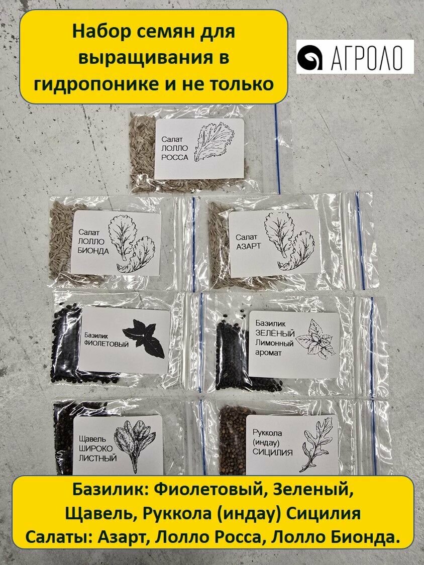 Набор семян зелени для выращивания в гидропонике и в грунте 7 упаковок: базилик, салаты, руккола, щавель , 7 г агроло