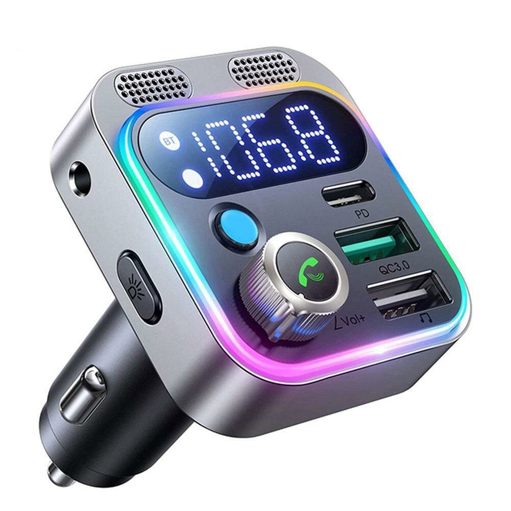 FM-передатчик Bluetooth 5.3, MP3-адаптер, зарядное устройство, гарнитура Handfree, два микрофона, 48 Вт, PD&QC3.0