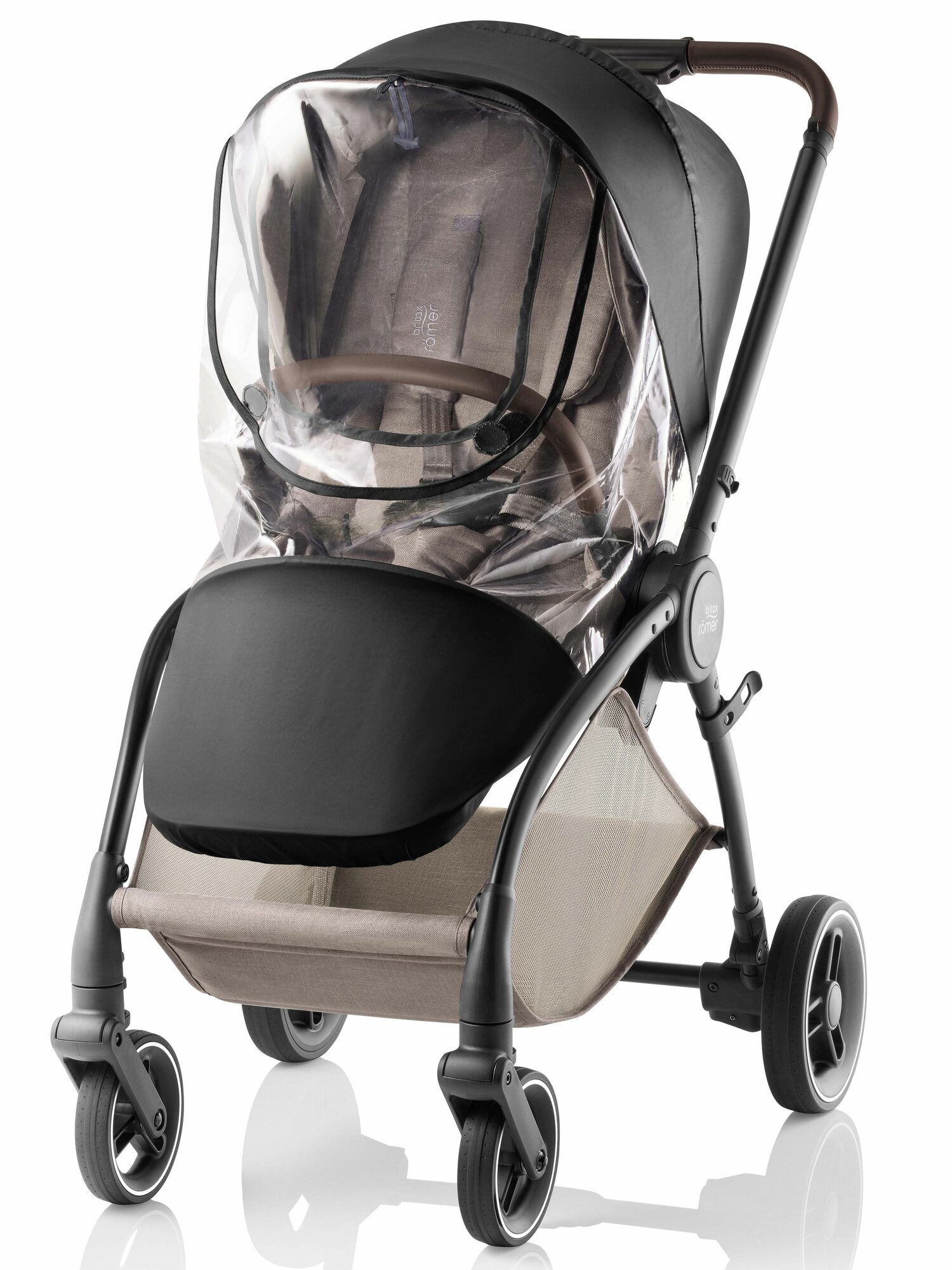 Дождевик на прогулочный блок коляски Britax Roemer Rio — прозрачный, из ПВХ и ткани, вентиляция, боковое окошко, полная защита от дождя и ветра, компактное хранение, вес 300 г